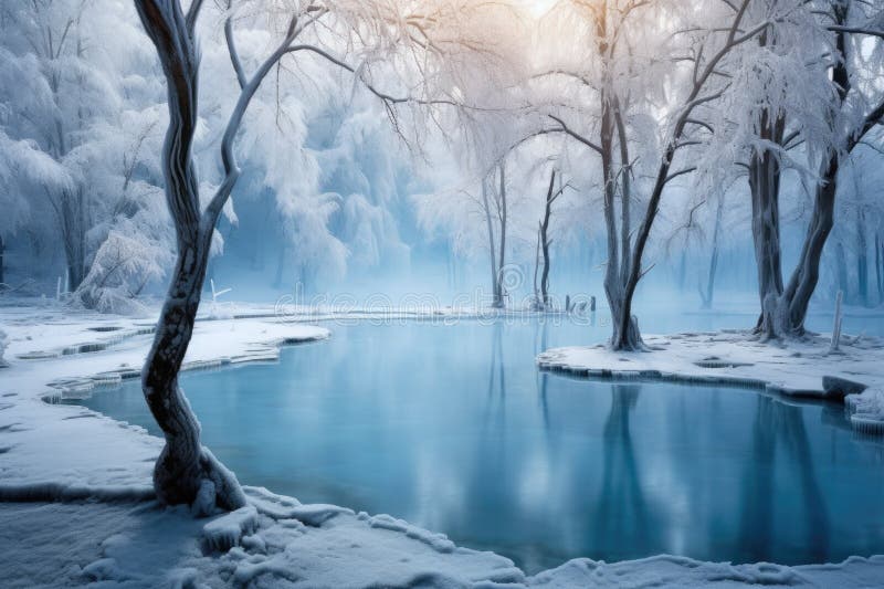 Frozen Trees Framing a Steaming Thermal Pool in a Winter Scene Stock ...