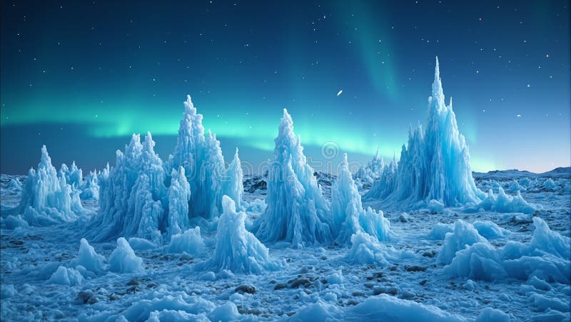 Frozen Tundra with Glowing Ice Spires Under Aurora Borealis Stock ...