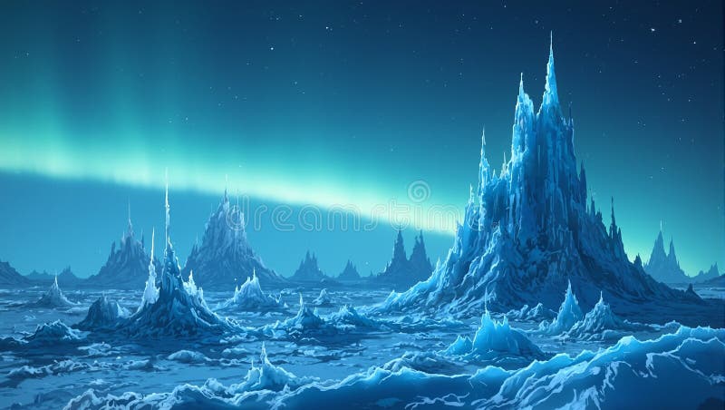 Frozen Tundra with Glowing Ice Spires Under Aurora Borealis Stock ...