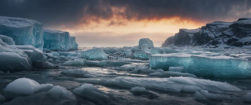 Frozen Tundra Landscape with Ice Cliffs and Stormy Sea. Stock Image ...