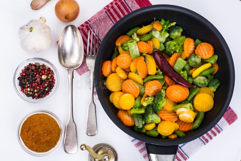 Frozen Vegetables in Frying Pan for Frying Stock Photo - Image of ...