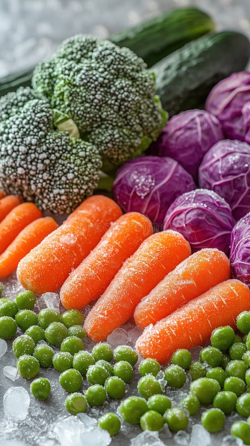 Frozen Vegetables Including Broccoli, Carrots, and Cabbage on Ice Stock ...