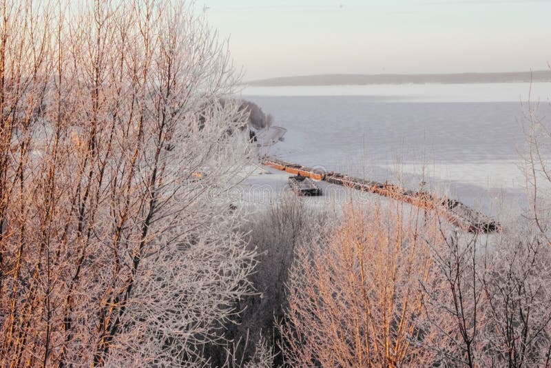 Frozen Volga River with Barges. Winter River Landscape Stock Image ...
