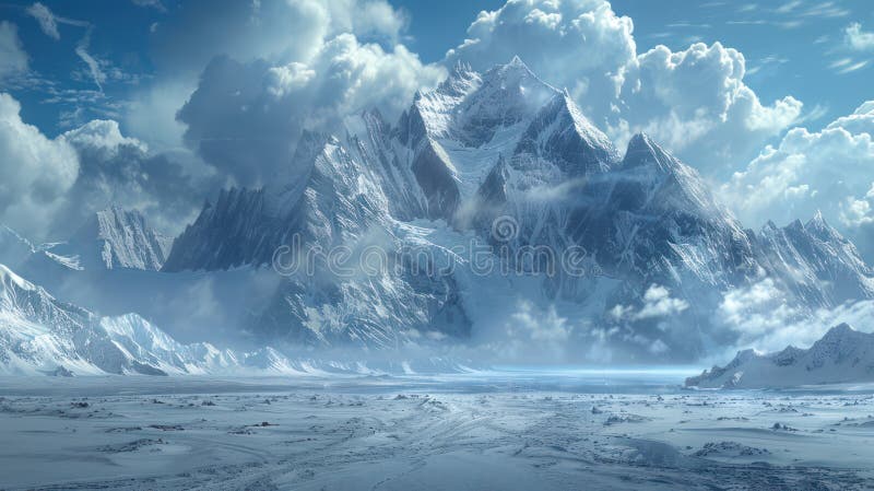 A Frozen Wasteland with Snow-capped Mountains in the Distance Stock ...