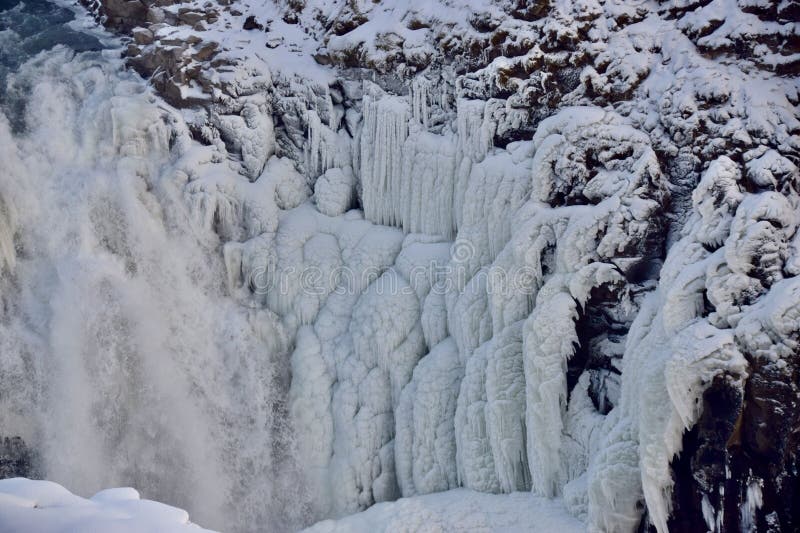 Frozen Water Fall at Gullfoss Falls, Iceland. Stock Photo - Image of ...