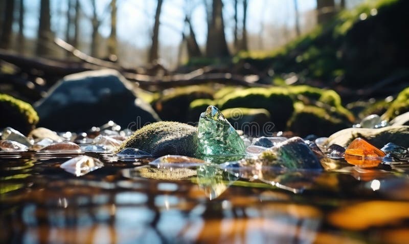 Frozen Water in the Forest with Ice Cubes and Pebbles. Early Spring ...