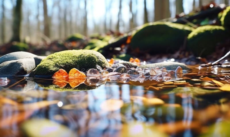 Frozen Water in the Forest with Ice Cubes and Pebbles. Early Spring ...