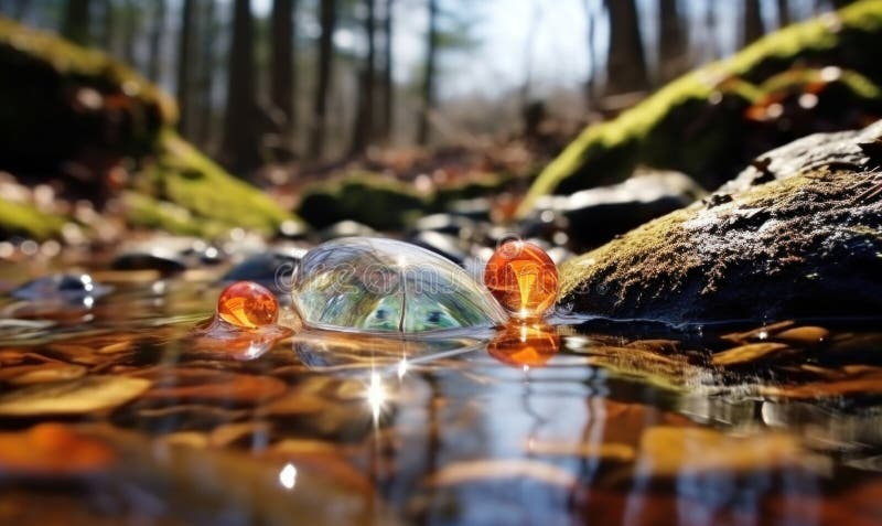 Frozen Water in the Forest with Ice Cubes and Pebbles. Early Spring ...