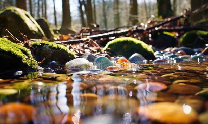 Frozen Water in the Forest with Ice Cubes and Pebbles. Early Spring ...