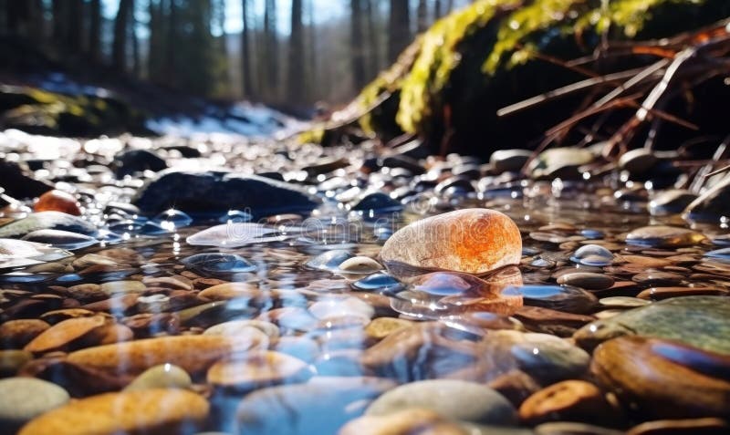 Frozen Water in the Forest with Ice Cubes and Pebbles. Early Spring ...