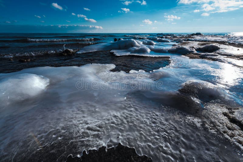 Frozen Water in Lake at Cold Winter Weather Stock Photo - Image of ...