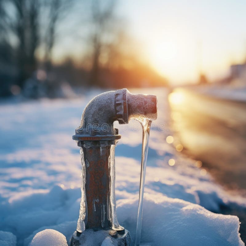 A Frozen Water Pipe in Winter, Closeup, Shallow Depth of Field. Water ...
