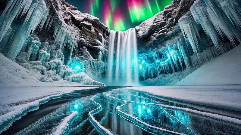 Frozen Waterfall with the Aurora Reflected in the Ice Stock ...