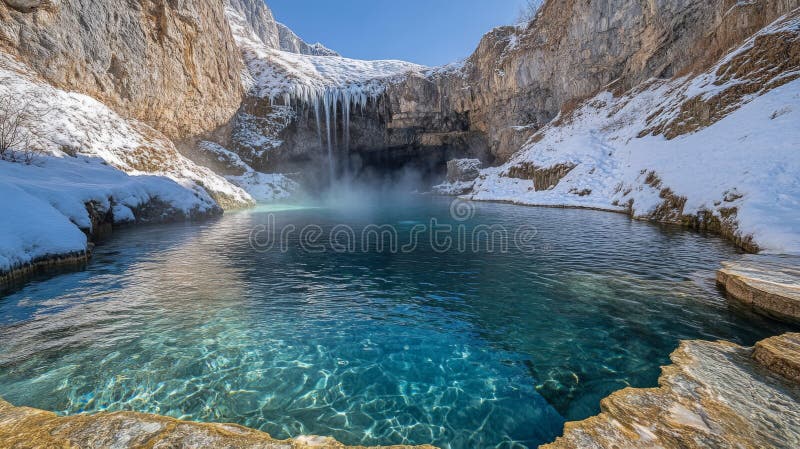 Frozen Waterfall Cascade into Crystal Clear Winter Pool Stock ...