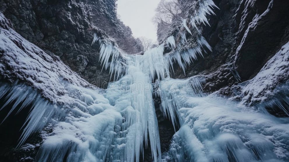 Frozen Waterfall Cascading Down a Cliff Face Stock Illustration ...