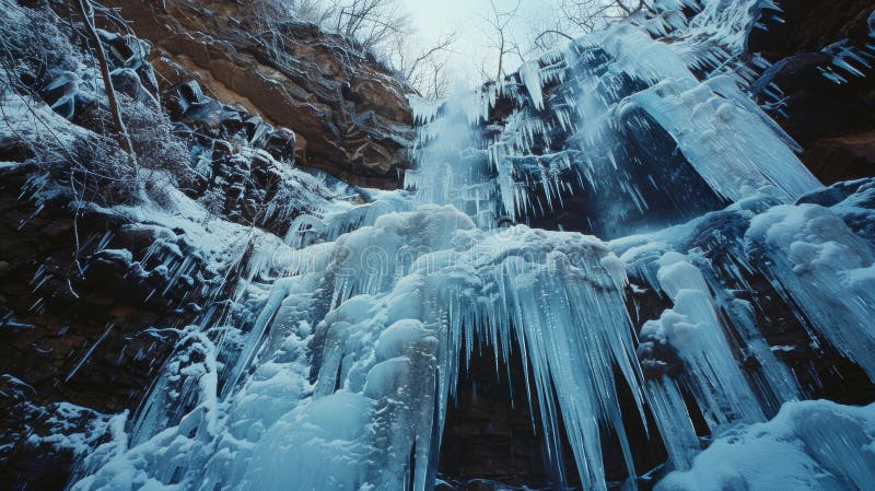A Frozen Waterfall Cascading Down a Steep Cliff Adorned with Layers of ...
