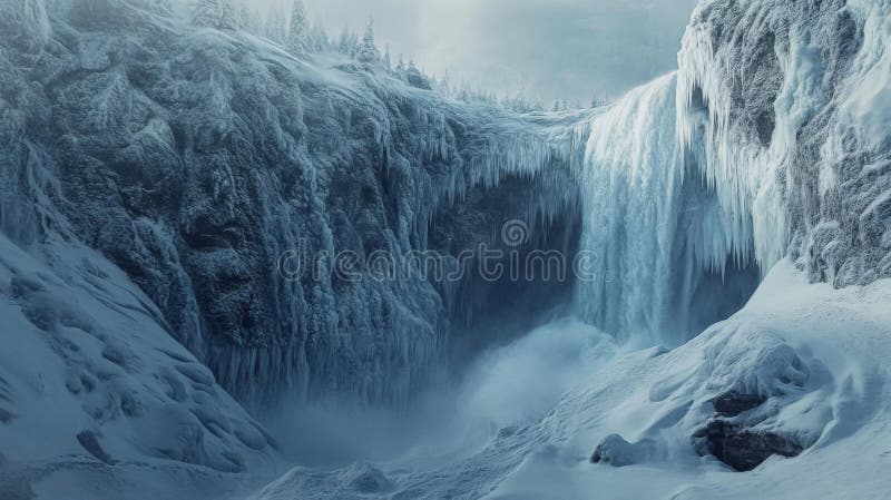 Frozen Waterfall Cascading Over Snow-Covered Cliffs Stock Illustration ...