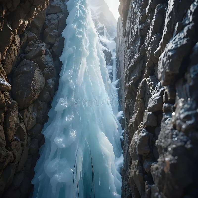 A Frozen Waterfall Cascading between Rocky Cliffs Under a Bright Sky in ...