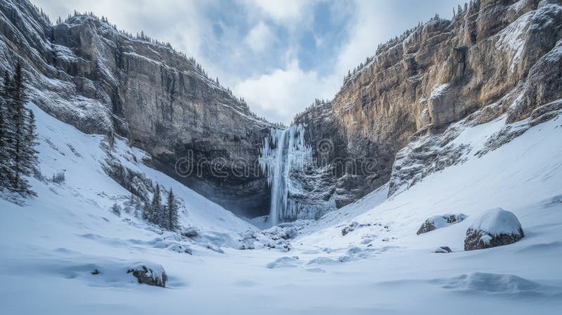 Frozen Waterfall Cascading between Two Snow-Covered Cliffs Stock ...