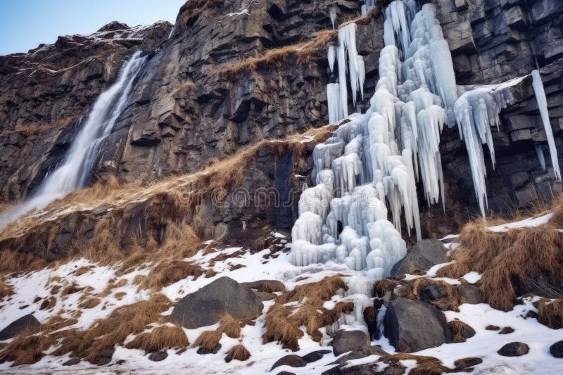 Ice Waterfall on a Steep Cliff of Dark Stone, Frozen Water of an ...