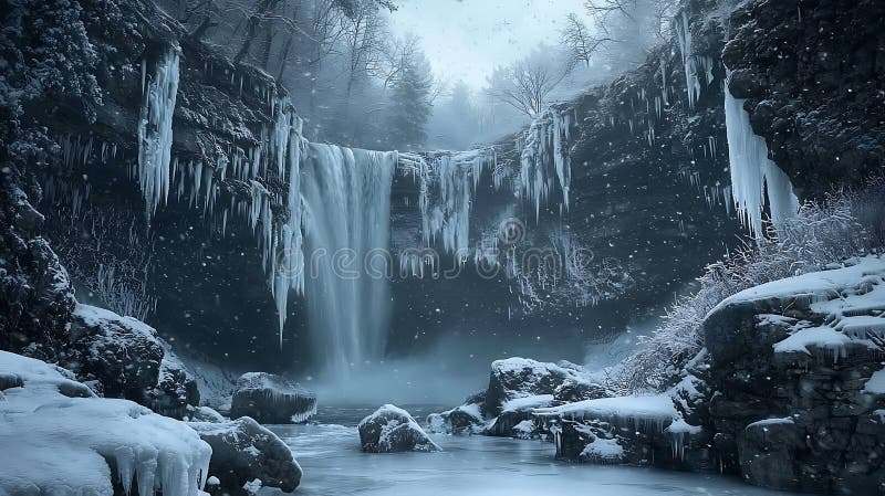 A Frozen Waterfall with Ice Hanging from it Stock Image - Image of ...