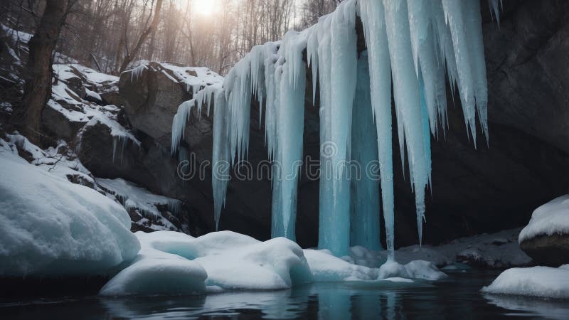 A Frozen Waterfall with Icicles Hanging from it. Stock Illustration - Illustration of waterfall ...