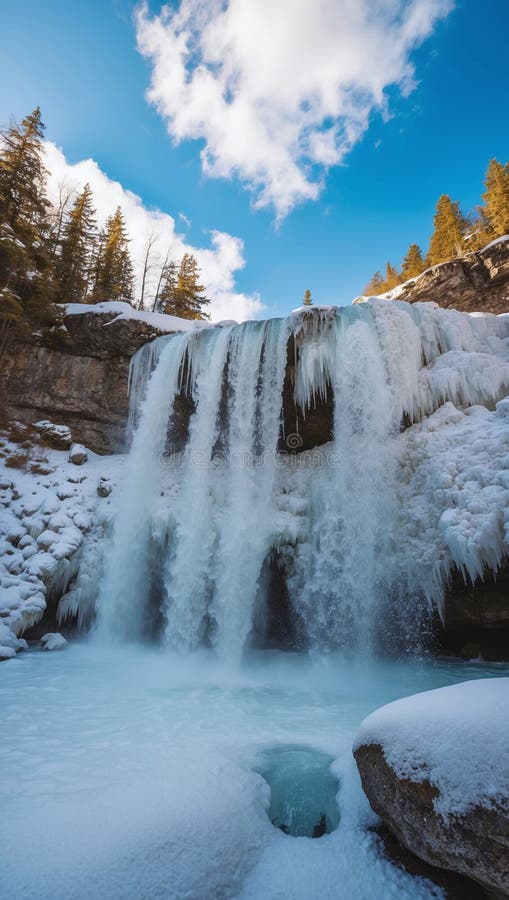 Frozen Waterfall in Mid-fall Under Clear Summer Sky Stock Illustration ...