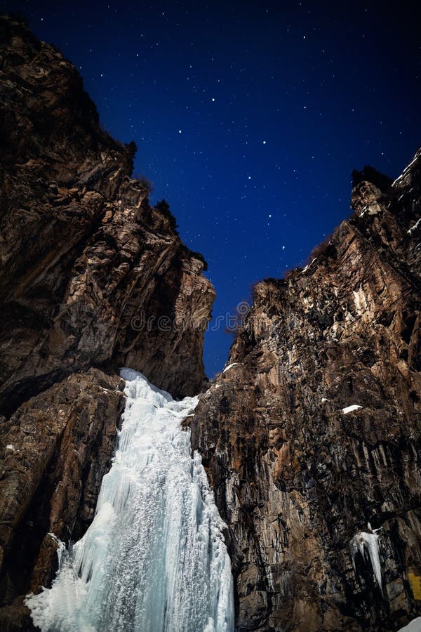 Frozen Waterfall In Forest At Night Stock Photo - Image of nature ...