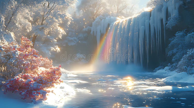Frozen Waterfall with Rainbow, Winter Forest Scene, Snow-covered Plants ...