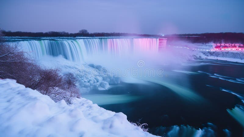 A Frozen Waterfall with a Red Light in the Background. AI Generative ...