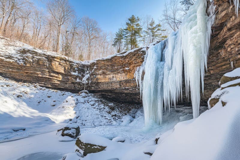 A Frozen Waterfall in a Snow-covered Landscape Stock Image - Image of ...