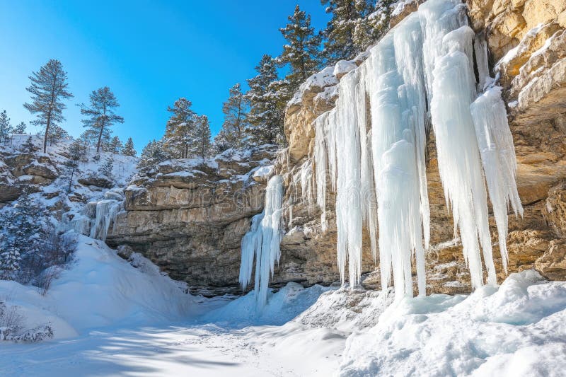 A Frozen Waterfall in a Snow-covered Landscape Stock Photo - Image of ...