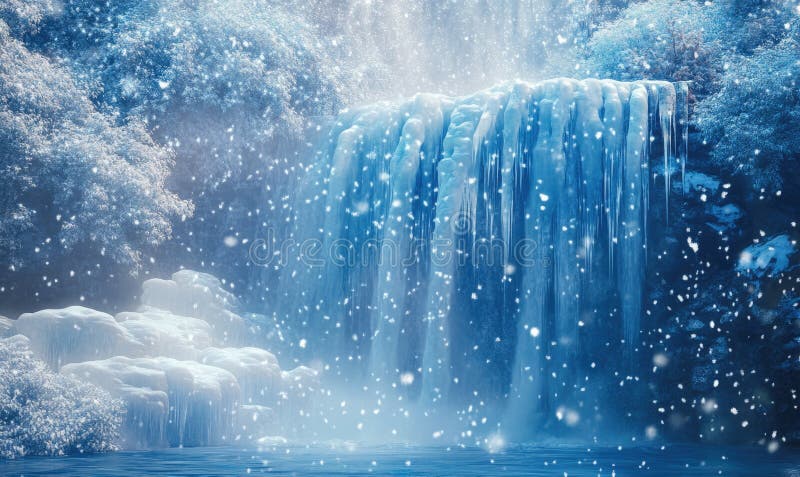 A Frozen Waterfall with Snow Falling on it Stock Photo - Image of blue ...