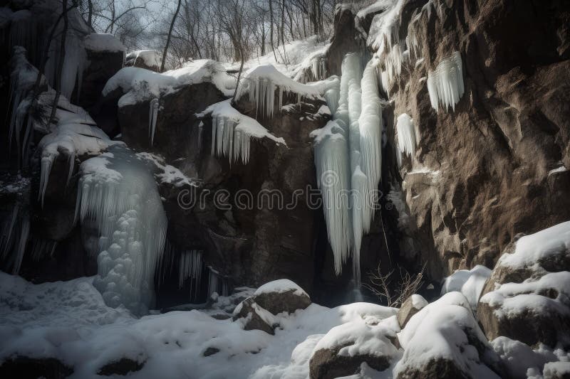 Frozen Waterfall, with Snow and Ice Cascading Down the Rocks Stock ...