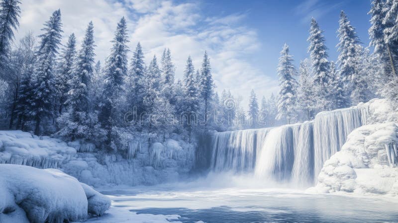 Frozen Waterfall in a Snowy Forest Stock Illustration - Illustration of ...
