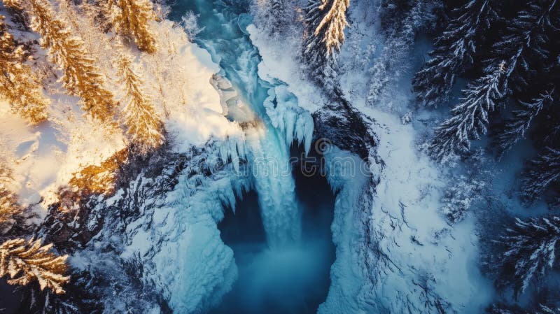 Frozen Waterfall in a Snowy Forest from an Aerial Perspective Stock ...
