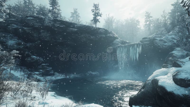 Frozen Waterfall in a Snowy Forest Stock Illustration - Illustration of ...