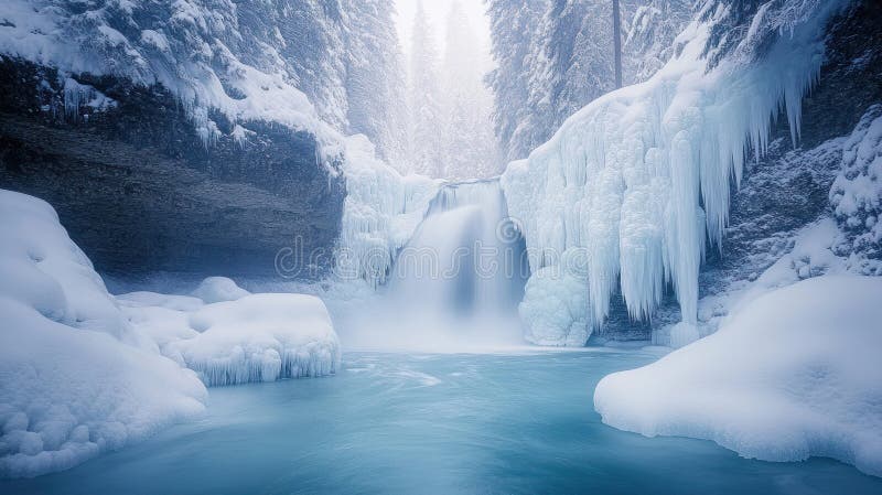 Winter Wonderland Waterfall Snowy Forest Frozen River Icy Scene Stock ...