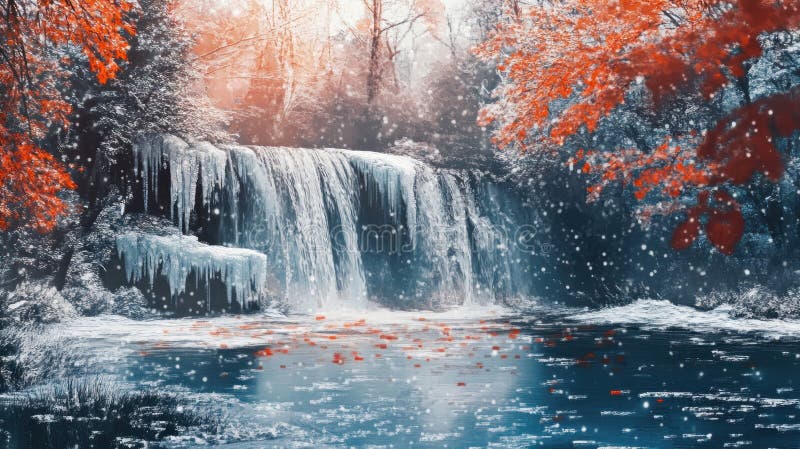 Frozen Waterfall in a Snowy Forest with Red Leaves and Icy Formations ...