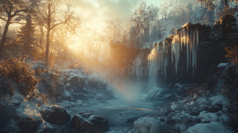 Frozen Waterfall in a Snowy Forest at Sunset Stock Illustration ...