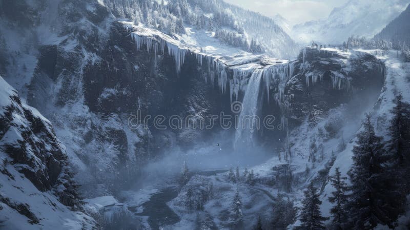 Frozen Waterfall in a Snowy Mountainous Landscape Stock Illustration ...