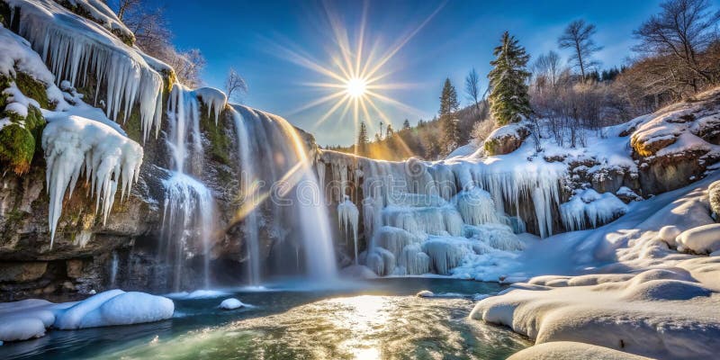 Frozen Waterfall Sparkling Under the Winter Sun Stock Illustration ...