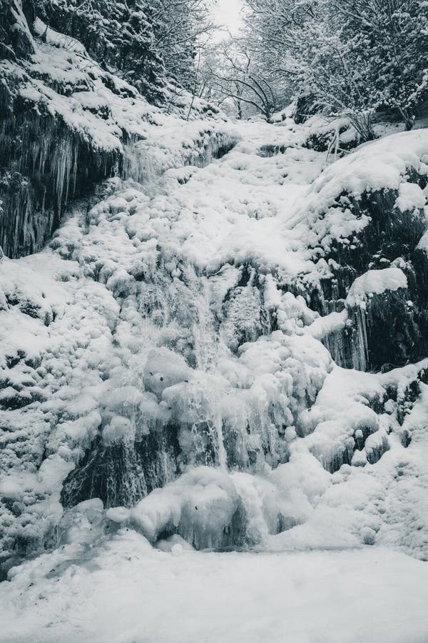 Frozen Waterfall in Winter Forest with Ice and Snow - Retro Vintage ...