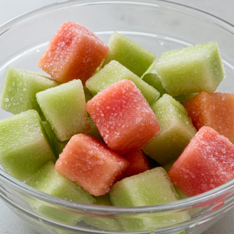 Frozen Watermelon and Cantaloupe Cubes in Glass Bowl Stock Illustration ...
