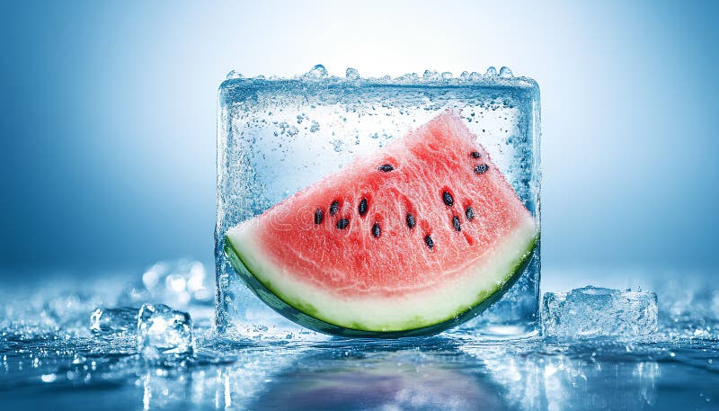 Frozen Watermelon Slice in Ice Cube on Frozen Blue Background Stock ...