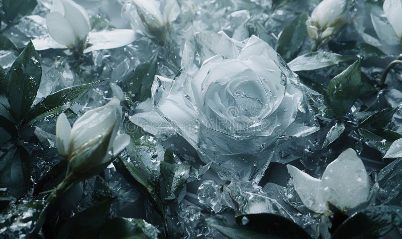 Frozen White Roses and Leaves on Ice, Cool Floral Background Stock ...