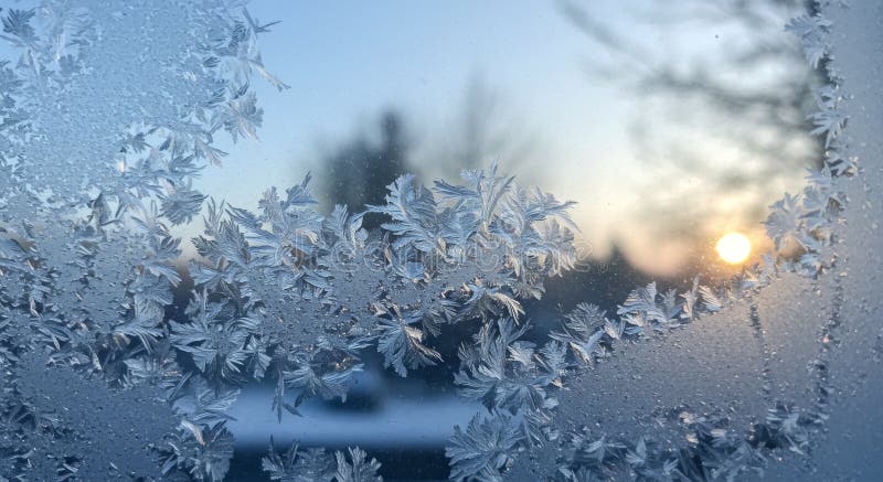 Frozen Window Pane with Ice Crystals at Sunset Stock Illustration - Illustration of blue, scenic ...