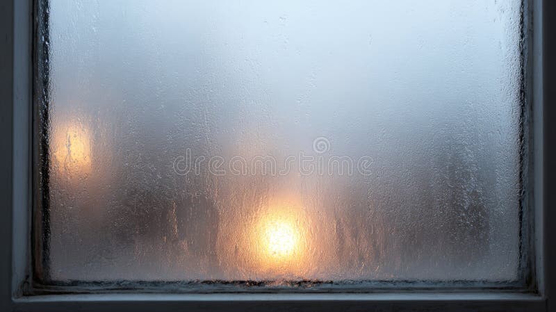 Frozen Window Pane Illuminated by Flickering Fireplace Light in a ...