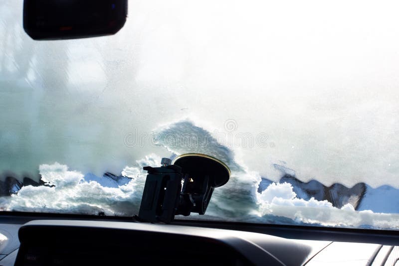 Frozen Windshield in the Car, View from the Passenger Compartment ...