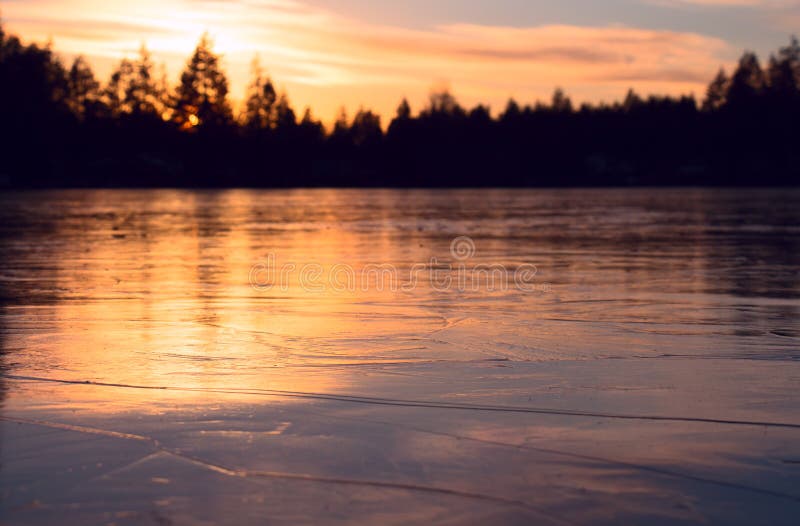 Frozen Winter Lake at Sunset Stock Photo - Image of shore, lake: 83683820